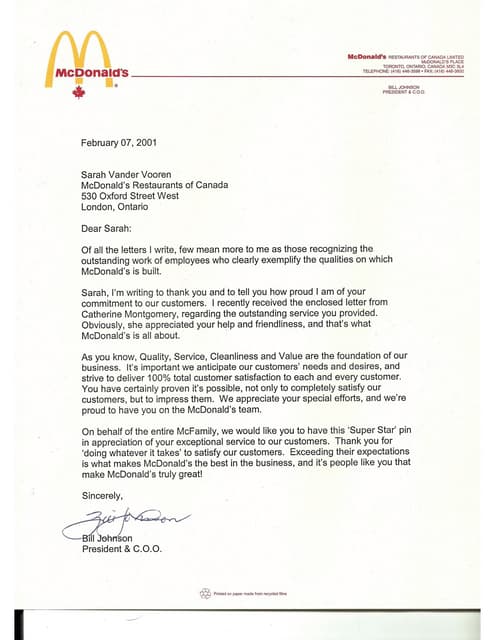 Reference letter McDonalds | PDF