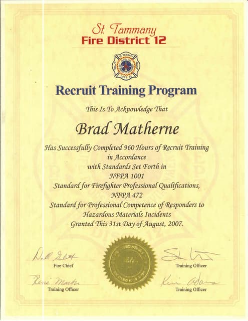 New Orleans Fire Department Academy Certification | PDF