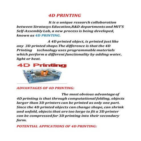 4d printing | DOCX | 3-D Graphics | Computer Software and Applications