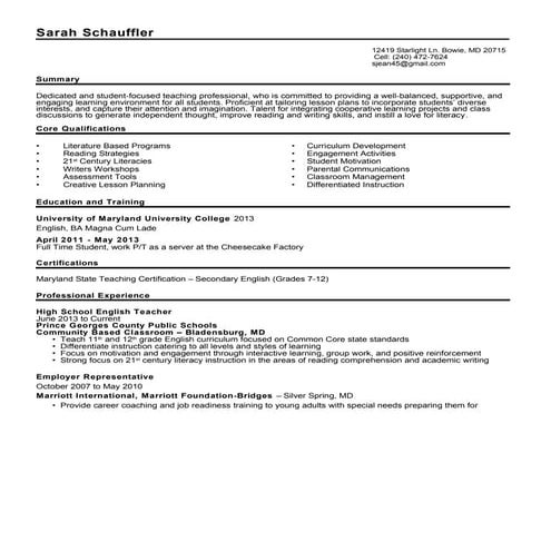 Schauffler Teacher Resume 2014 | RTF