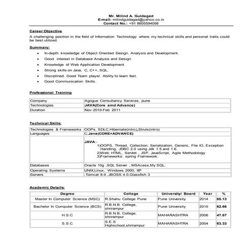 Resume-MilindGuldagad Resume | DOCX | Programming Languages | Computing