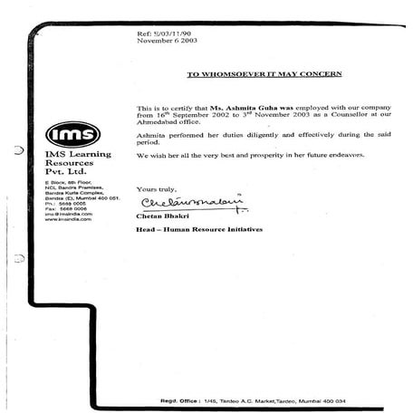 EXPERIENCE LETTERS IMS | PDF