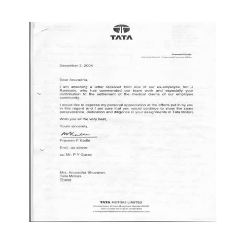 mr kadle md, tata motors -letter of appreciation | DOCX