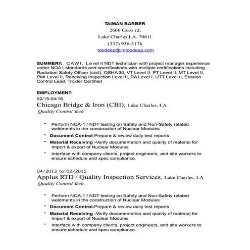 TAIWAN BARBER Resume | PDF