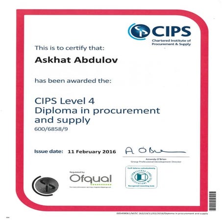 CIPS DIPLOMA LEVEL 4 IN PROCUREMENT AND SUPPLY ASKHAT ABDULOV | PDF