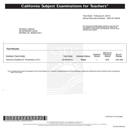 CSET 121 Chem Exam 201602- Pass | PDF