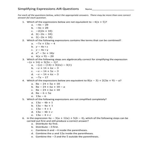 SimplifyingExpressionsAIREOCQuestions | PDF