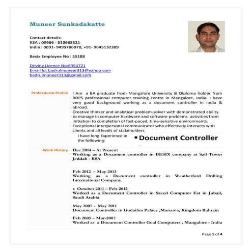 CV - MUNEER SUNKADAKATTE (DOCUMENT CONTROLLER) | PDF