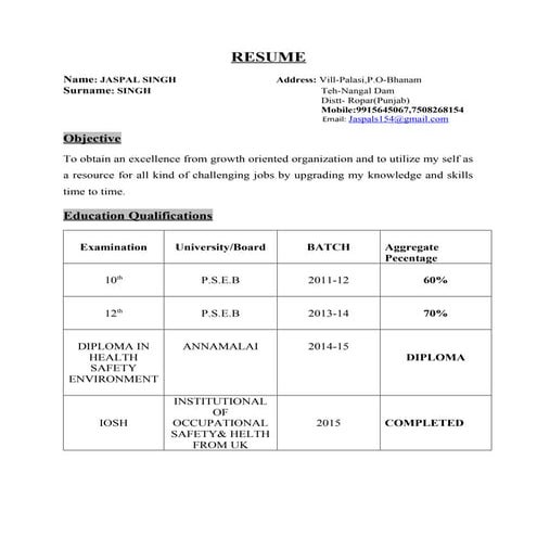 Jaspal Resume IOSH | DOC