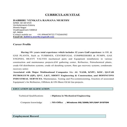 Resume- Rotating Equipment supervisor | DOC