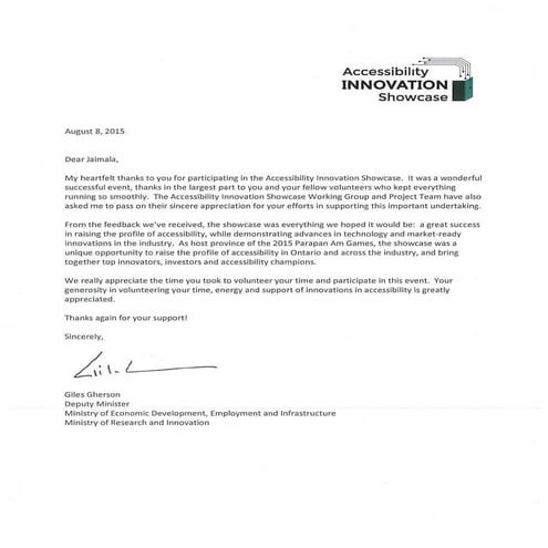 Accessibility Innovation Showcase appreciation letter | PDF