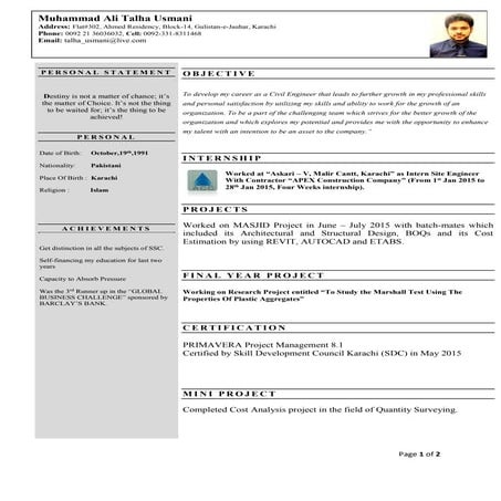 M. Ali Talha Usmani CV-15 3.70 CV management | PDF