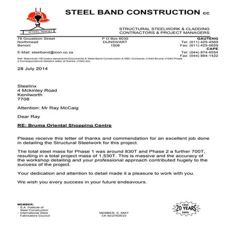 Steelinx letter of thanks J1040 | PDF