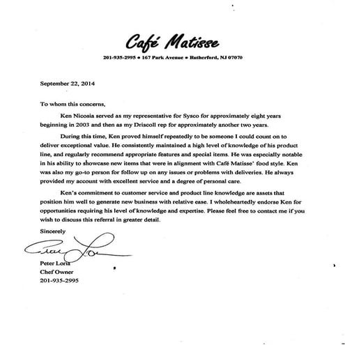 Nicosia, Ken - Letter of Recommendation from Cafe Matisse-1 | PDF