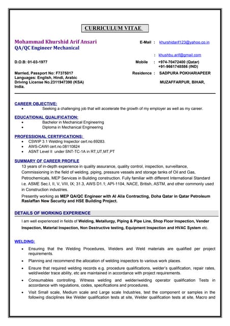Cv of qaqc, inspection engineer, welding, painting & coating inspector ...