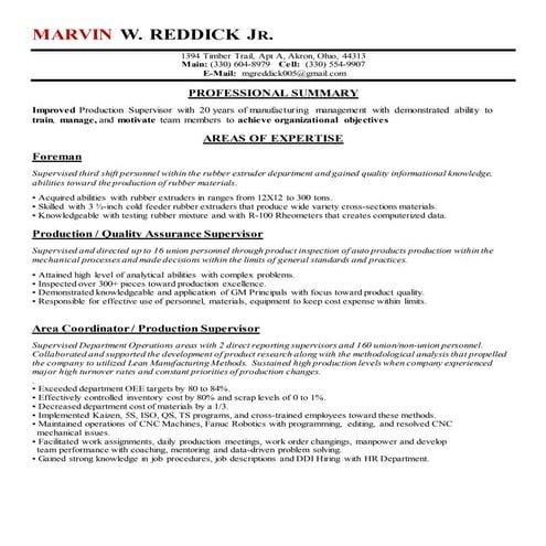 Marvin Reddick Jr Supervisor Resume | DOCX