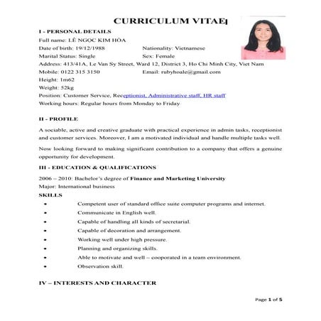 CURRICULUM VITAE - KIM HOA | PDF