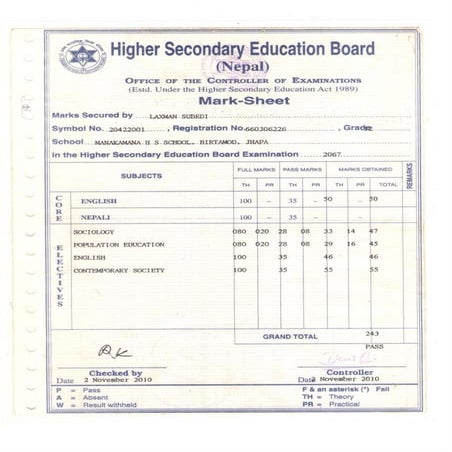 Heigher Secondary level Mark sheet (grade 12) | PDF