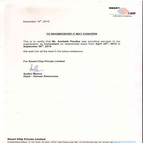 Smart Chip Limited Experience Certificate | PDF