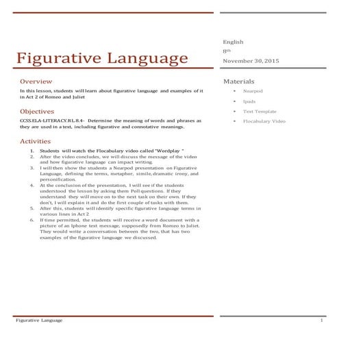 Figurative Language lesson plan | DOCX
