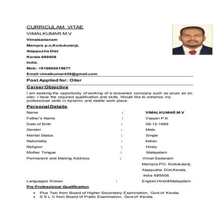 NEW RESUME VIMAL(Motorman) new stcw2016 | DOCX