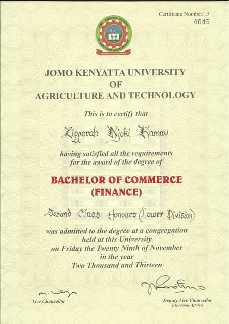 JKUAT Degree Certificate