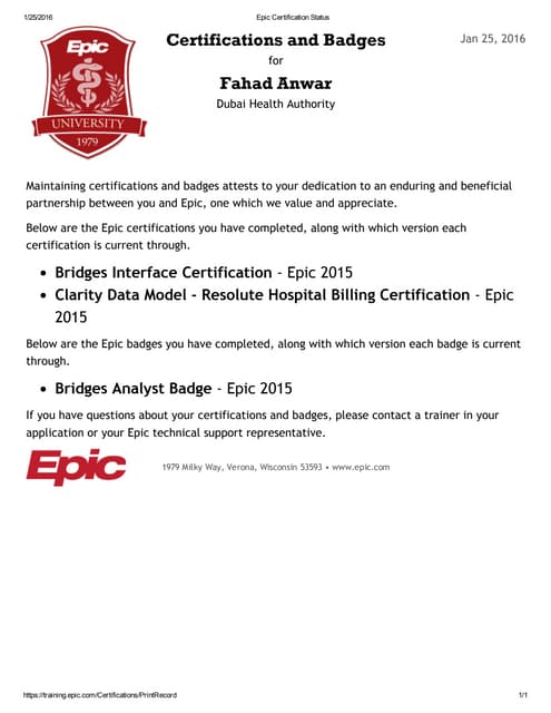 Epic Certification Status | PDF