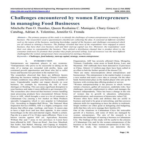 Challenges encountered by women Entrepreneurs in managing Food ...