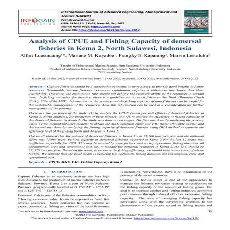 Analysis of CPUE and Fishing Capacity of demersal fisheries in Kema 2, North Sulawesi, Indonesia ...