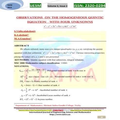 OBSERVATIONS ON THE HOMOGENEOUS QUINTIC EQUATION WITH FOUR UNKNOWNS 5 5 ...