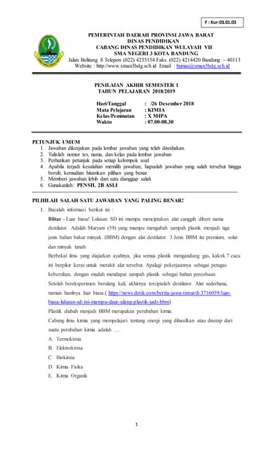 SOAL LATIHAN PENILAIAN AKHIR SEMESTER (PAS) KIMIA KELAS X | DOC
