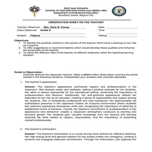 4 OBSERVATION SHEET ON THE TEACHER.Saint Louis University | DOCX