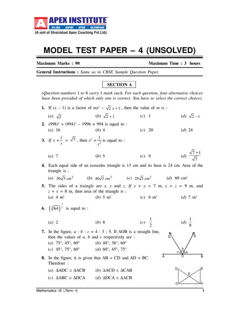 Class 9 Cbse Maths Sample Paper Term 1 Model 1 | PDF