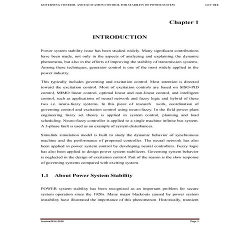 report on the GOVERNING CONTROL AND EXCITATION CONTROL FOR STABILITY OF POWER SYSTEM | PDF