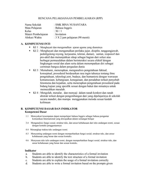 Rpp kurikulum 2013 SMP kelas 8 - Invitation Card | DOC