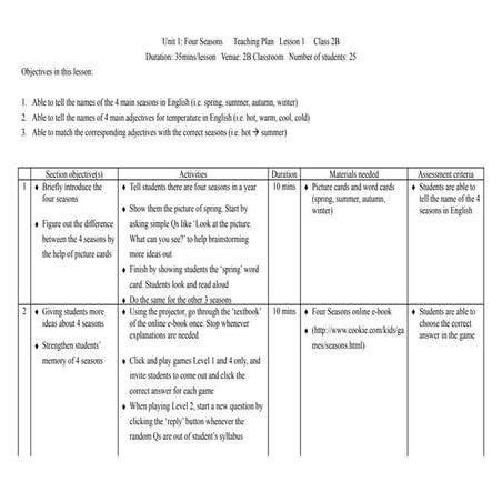 4 seasons teaching plan lesson 1 | DOC