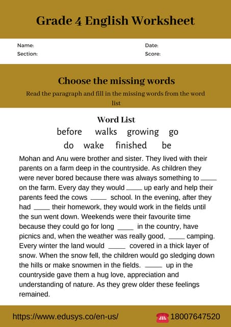 Free English Worksheets For 4th Grade Improve Language Comprehension: