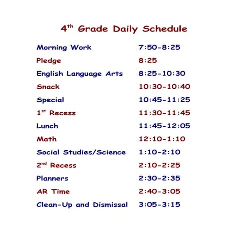 4th grade daily schedule | DOC