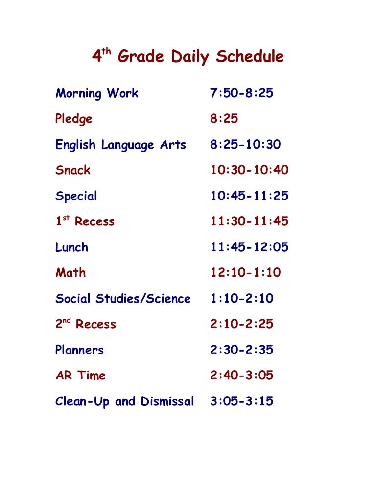 4th grade daily schedule