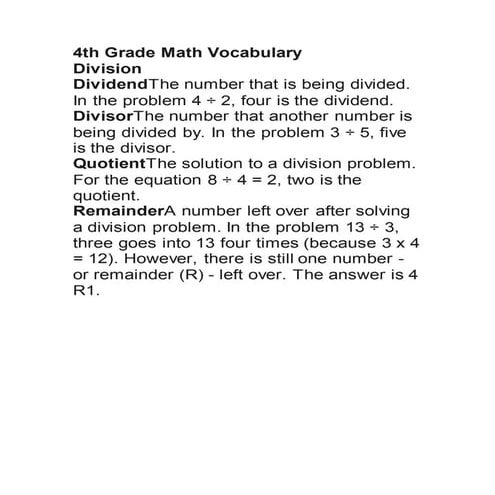 4th grade math vocabulary | DOCX