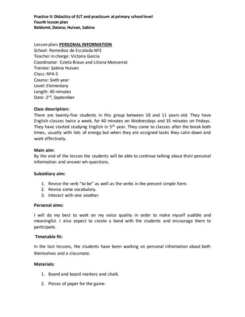 Personal information lesson plan and flash card | DOCX