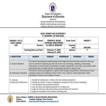 English Daily Lesson Log for 2024-2025 | DOCX
