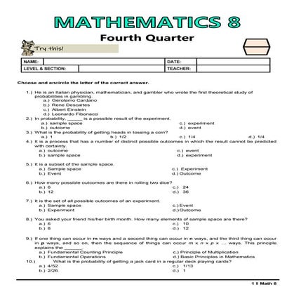 4th_Quarter_Mathematics_8 (1).docx | Poker and Professional Gambling | Sports
