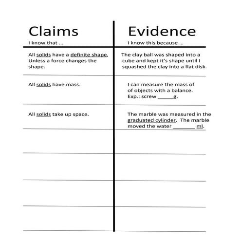4th states of matter lesson 3 claims evidence page | DOC