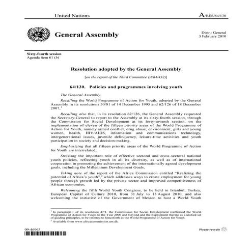 2009 - General Assembly Resolution on Policies and programmes involving ...