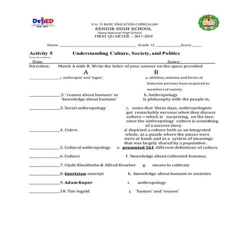 5 understanding Culture, Society & Politics ACTIVITY SHEETS | DOCX