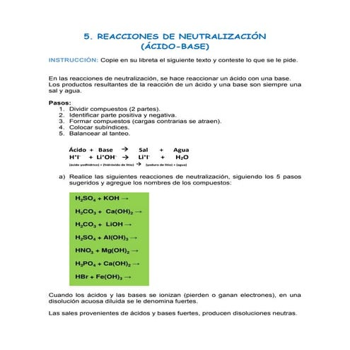 5. REACCIONES DE NEUTRALIZACIÓN (ÁCIDO-BASE) | PDF