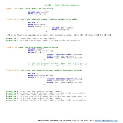 Dbms 6 Mysql Practice List Rank Related Queries Pdf 
