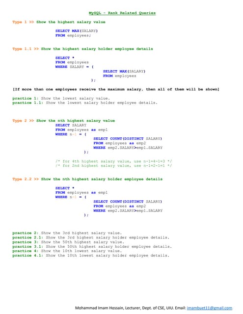 Dbms 6 Mysql Practice List Rank Related Queries Pdf
