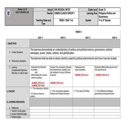 Comprehensive Grade 11 Module on Philippine Politics and Governance ...